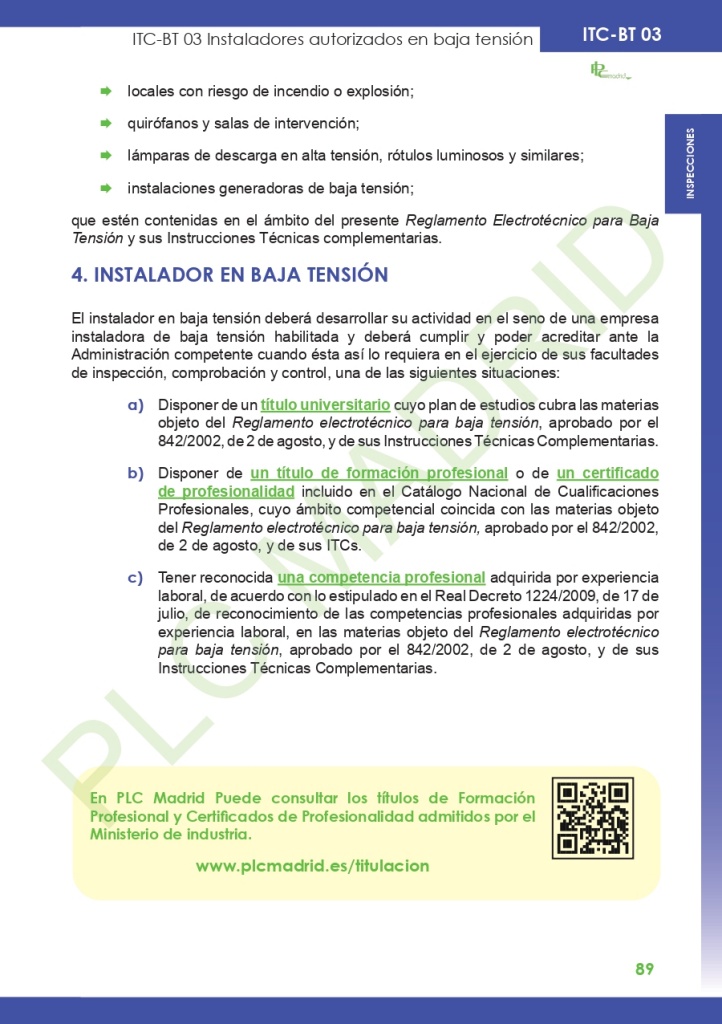 ITC-BT-03 – Instaladores Autorizados en Baja Tensión - PLC Madrid