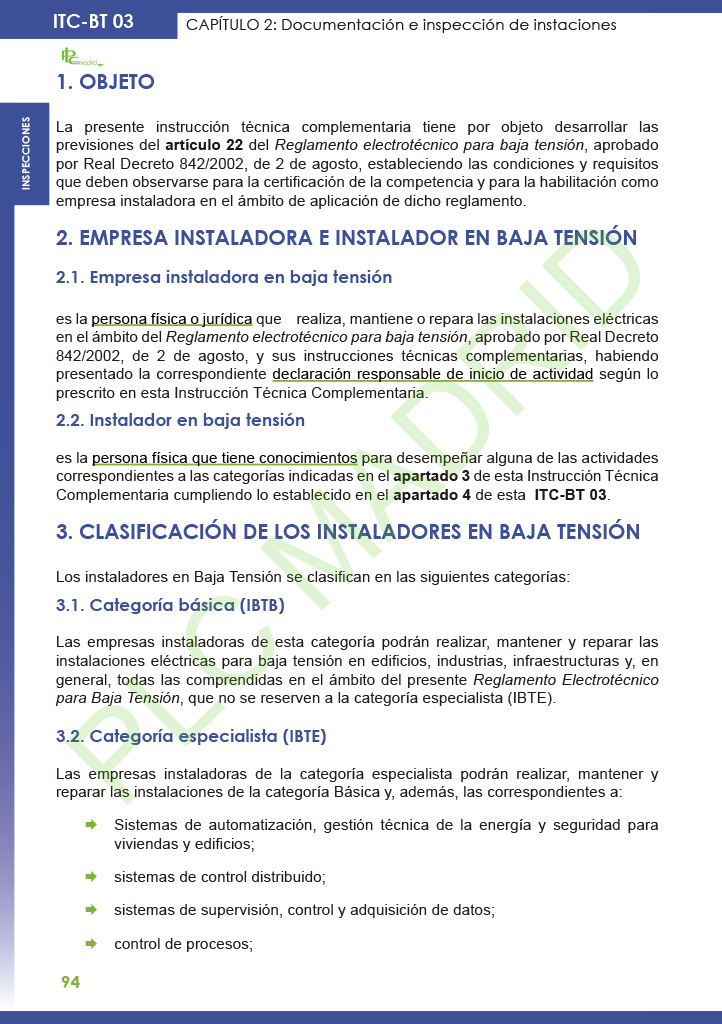 ITC-BT-03 – Instaladores Autorizados en Baja Tensión - PLC Madrid
