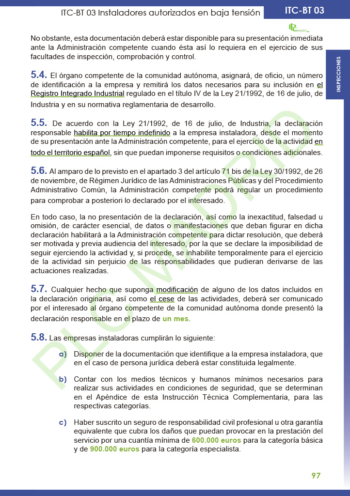 ITC-BT-03 – Instaladores Autorizados en Baja Tensión - PLC Madrid